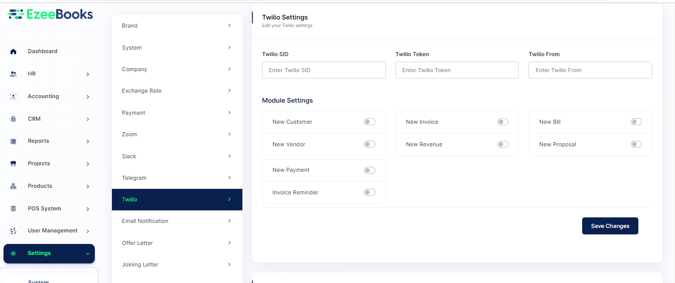 Twilio Settings – Ezeebooks